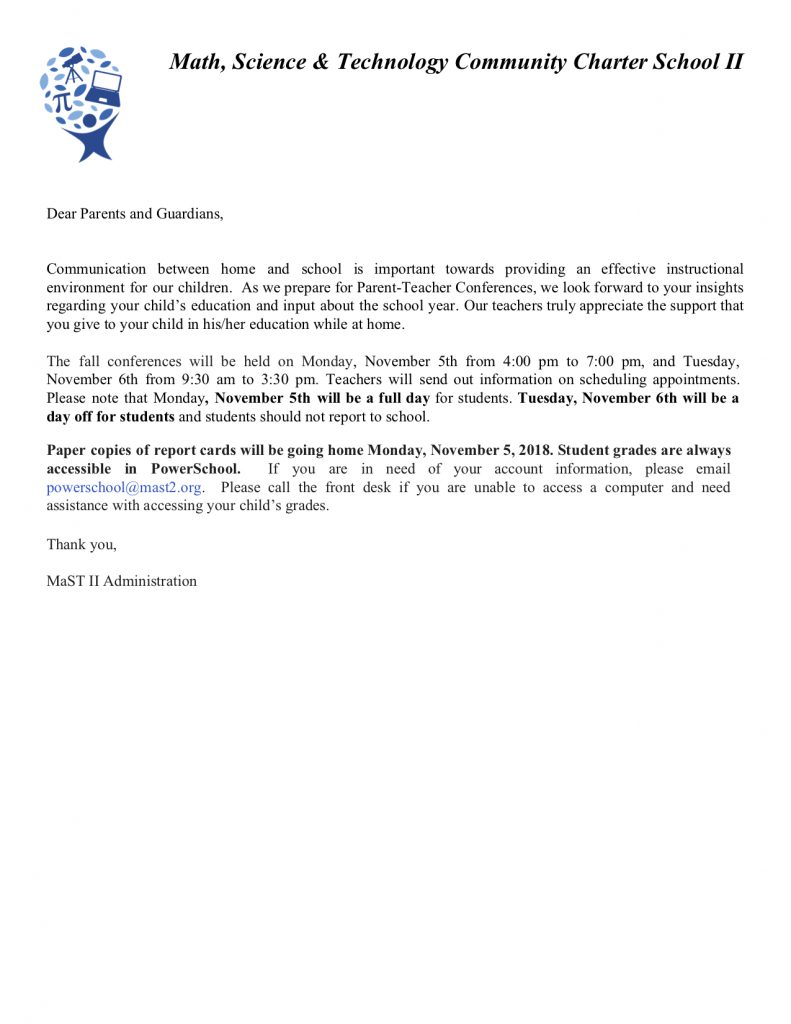 Parent/Teacher Conference Letter – MaST II Website