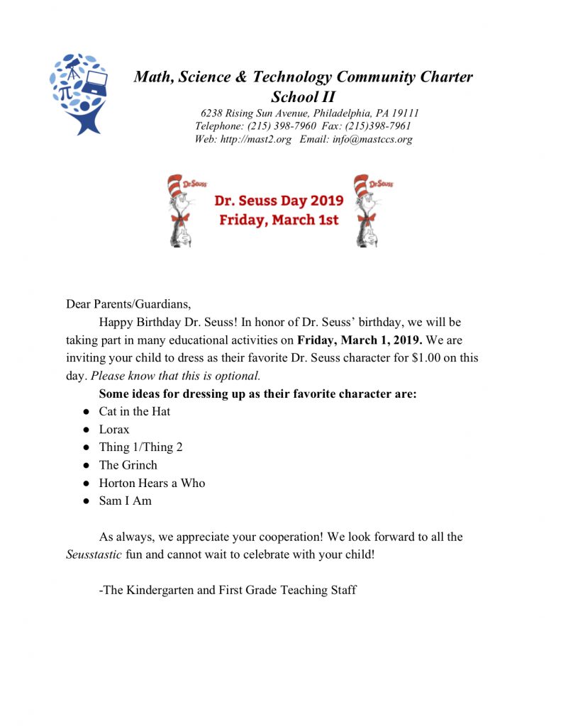 Dr. Seuss Day – K-1 Building Letter – 3/1 – MaST II Website